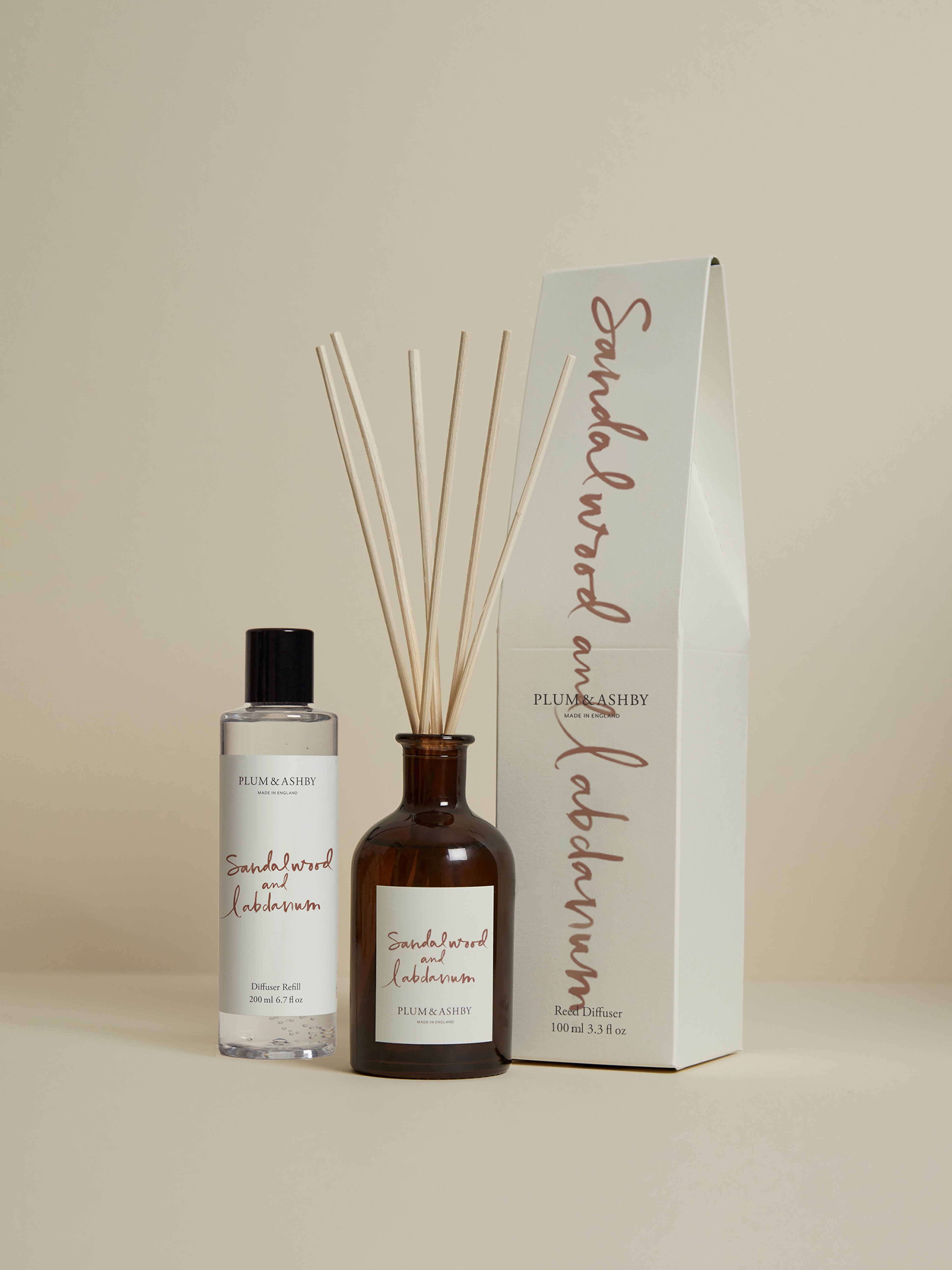 Sandalwood & Labdanum Diffuser & Diffuser Refill Set – Plum & Ashby